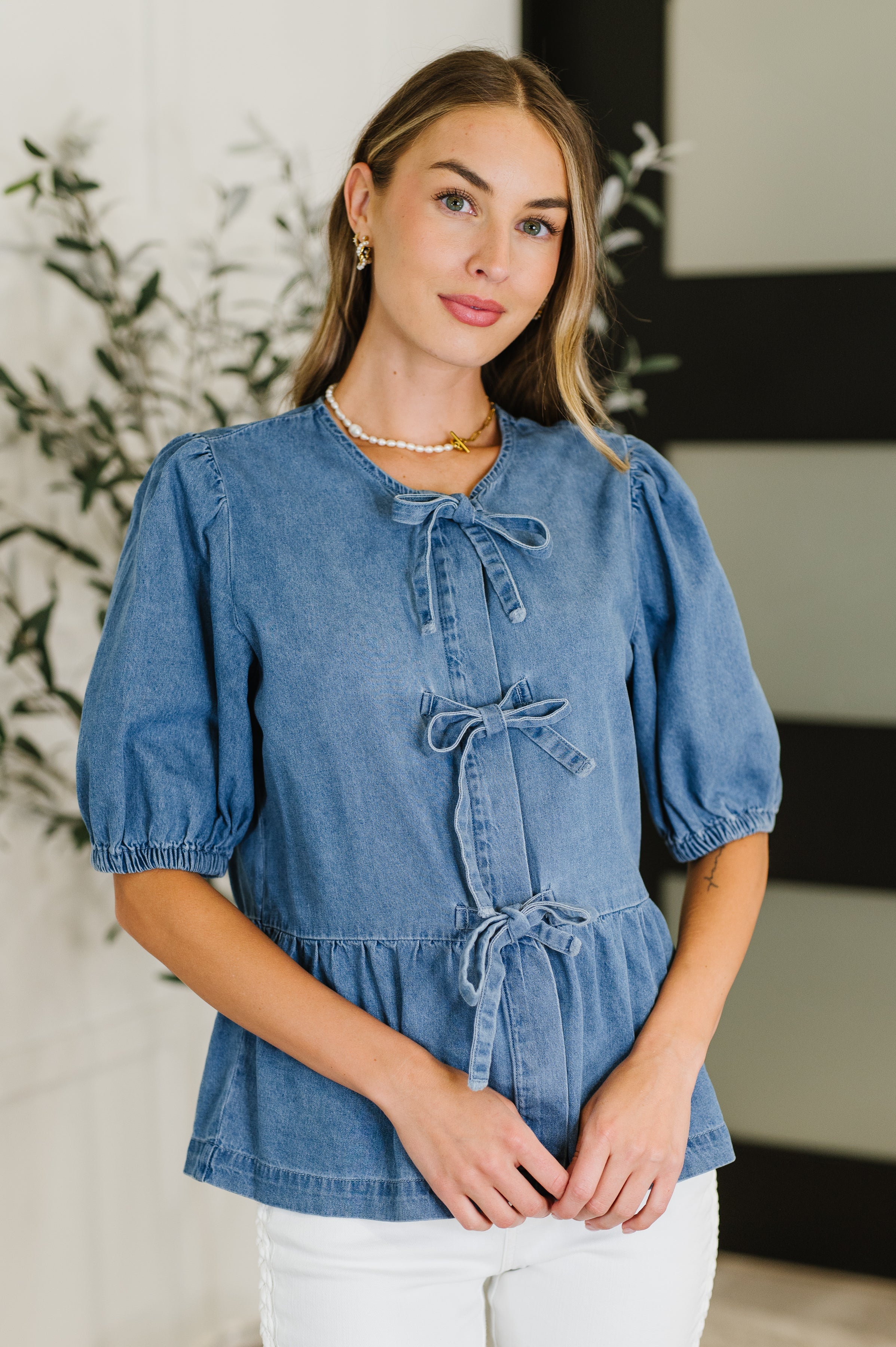 PREORDER: Balloon Sleeve Chambray Bow Blouse – Twisted Southern Roots
